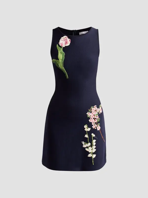 Oscar De La Renta Floral-embroidered A-line Mini Dress - Navy