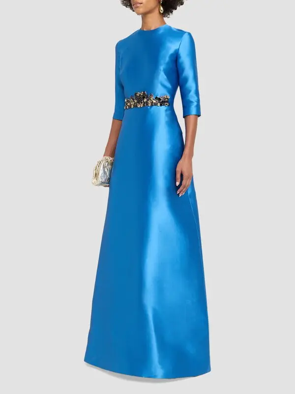 REEM ACRA Mikado Embroidered Three-quarter Sleeve Gown