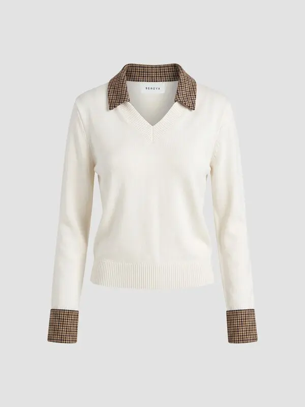 SEROYA Maia Houndstooth Shirt-trim Knit Sweater
