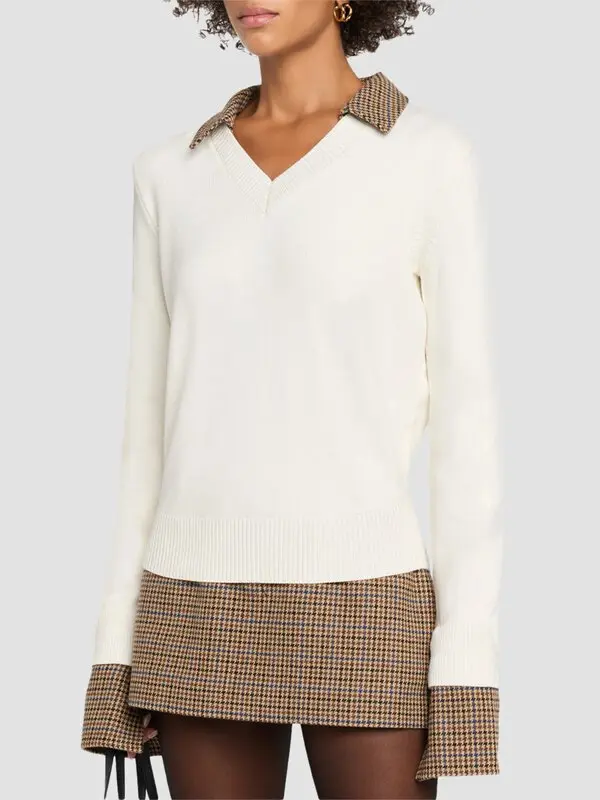 SEROYA Maia Houndstooth Shirt-trim Knit Sweater