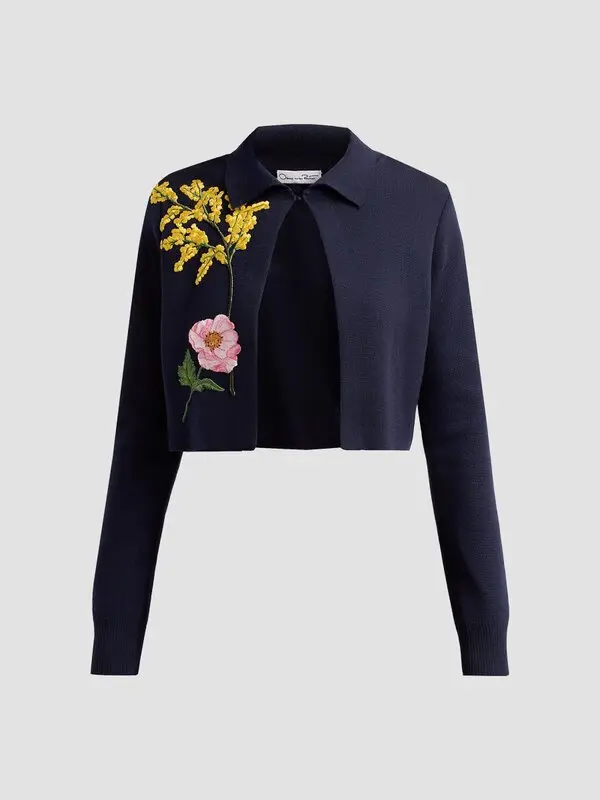 Oscar De La Renta Floral Embroidered Knit Jacket - Navy