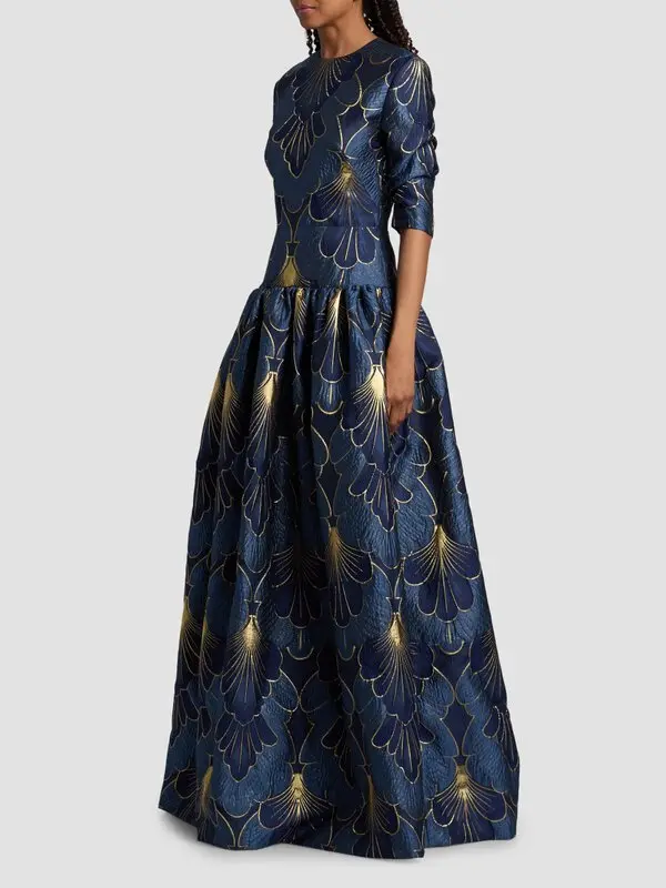 REEM ACRA Lamé Brocade Dropped Waist Gown