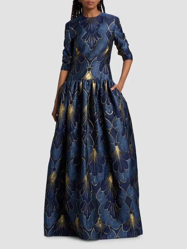 REEM ACRA Lamé Brocade Dropped Waist Gown