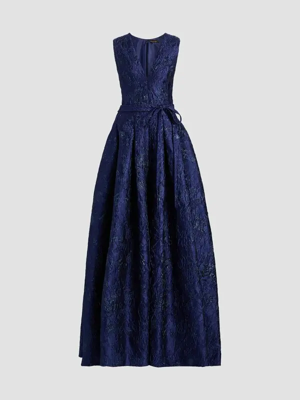 REEM ACRA Metallic Brocade Belted Ballgown