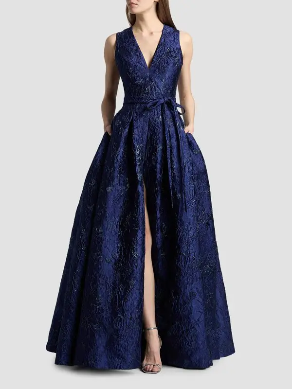 REEM ACRA Metallic Brocade Belted Ballgown