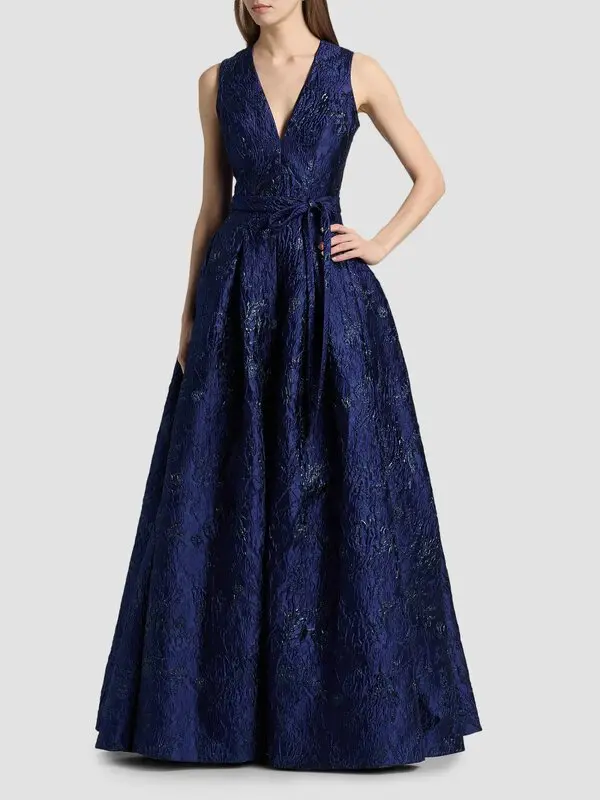 REEM ACRA Metallic Brocade Belted Ballgown