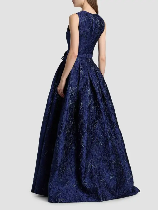 REEM ACRA Metallic Brocade Belted Ballgown