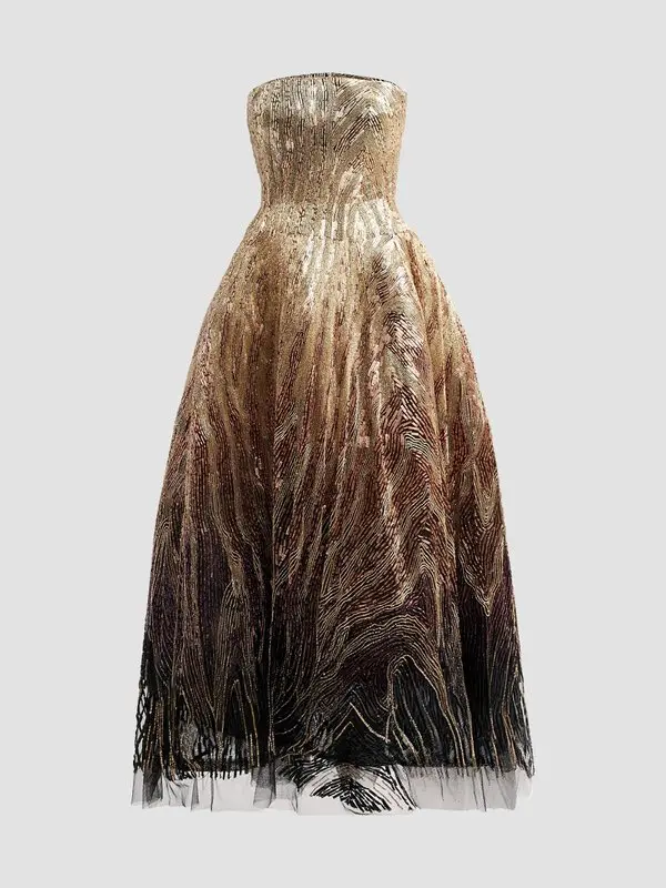 Oscar De La Renta Beaded Sequin Moire Ombre Strapless Gown - Gold Multi