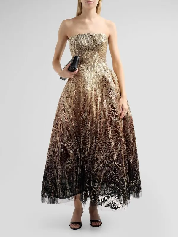 Oscar De La Renta Beaded Sequin Moire Ombre Strapless Gown