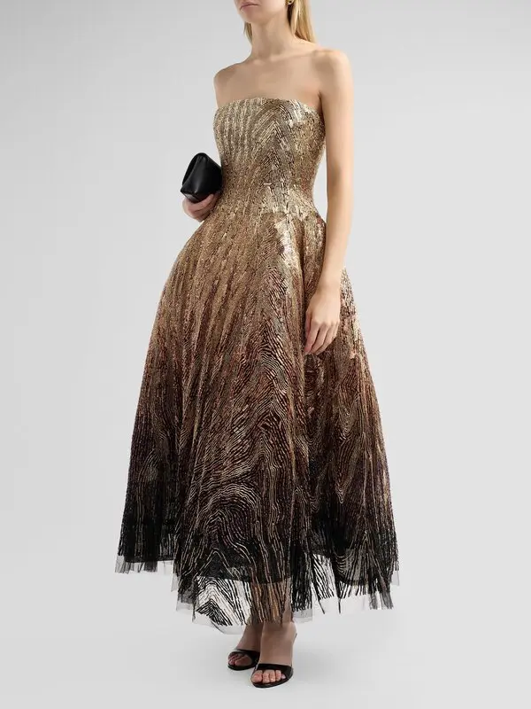 Oscar De La Renta Beaded Sequin Moire Ombre Strapless Gown