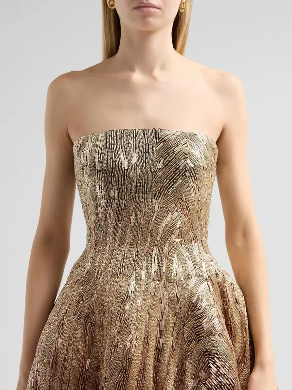 Oscar De La Renta Beaded Sequin Moire Ombre Strapless Gown