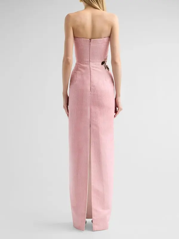 Oscar De La Renta Strapless Faille Beaded Florals Gown