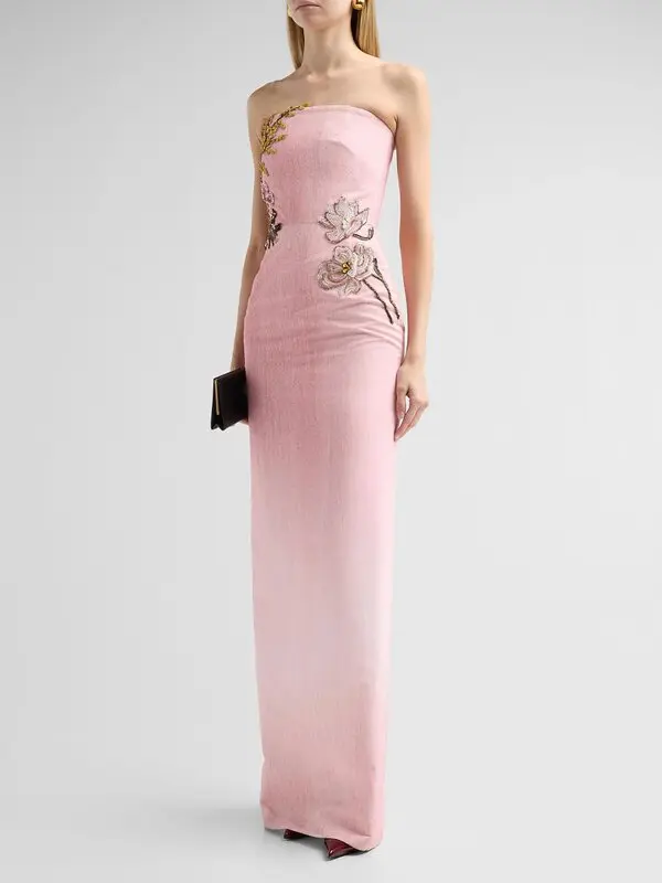 Oscar De La Renta Strapless Faille Beaded Florals Gown