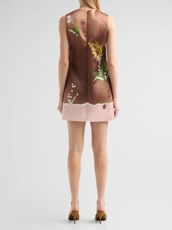 Oscar De La Renta Mixed Botanical Border Satin Sleeveless Mini Dress