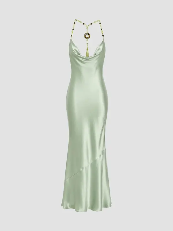 Retrofete Odalis Beaded Halter Satin Maxi Dress - Matcha