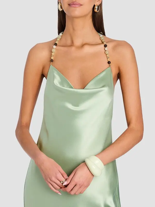 Retrofete Odalis Beaded Halter Satin Maxi Dress - Matcha