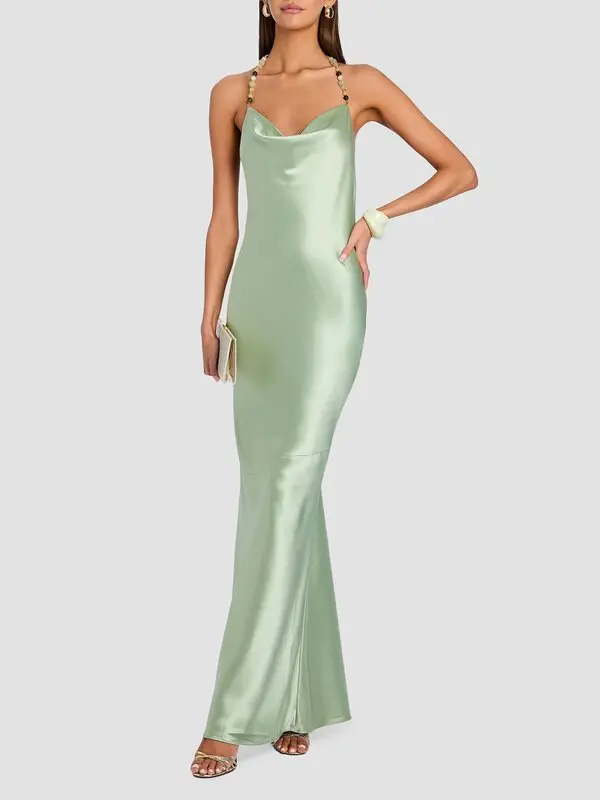 Retrofete Odalis Beaded Halter Satin Maxi Dress - Matcha