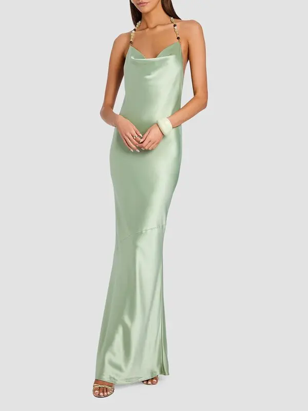 Retrofete Odalis Beaded Halter Satin Maxi Dress - Matcha