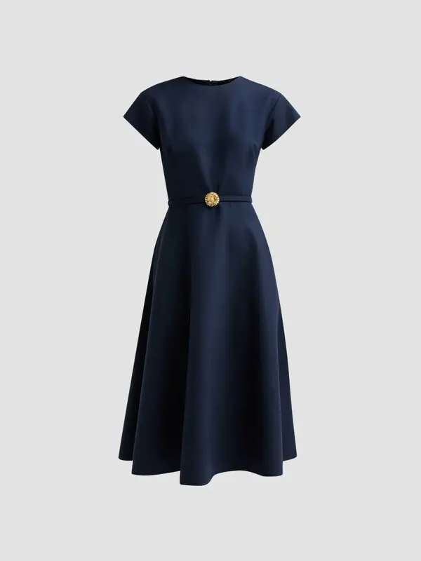 Oscar De La Renta Stretch Wool Short Sleeve Midi Dress - Navy