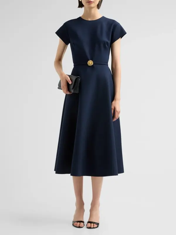 Oscar De La Renta Stretch Wool Short Sleeve Midi Dress