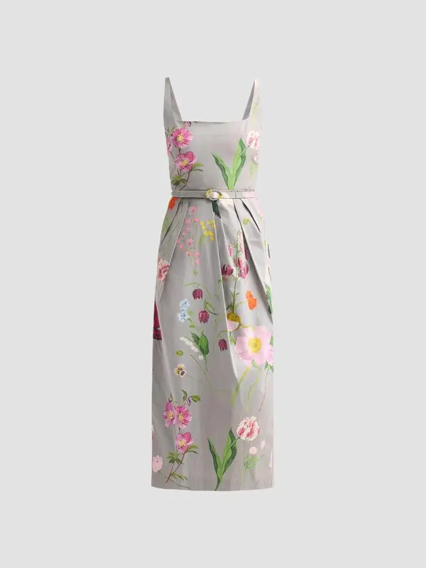 Oscar De La Renta Mixed Botanical Pleated Stretch-cotton Midi Dress - Grey Multi