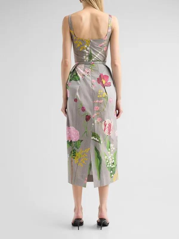 Oscar De La Renta Mixed Botanical Pleated Stretch-cotton Midi Dress