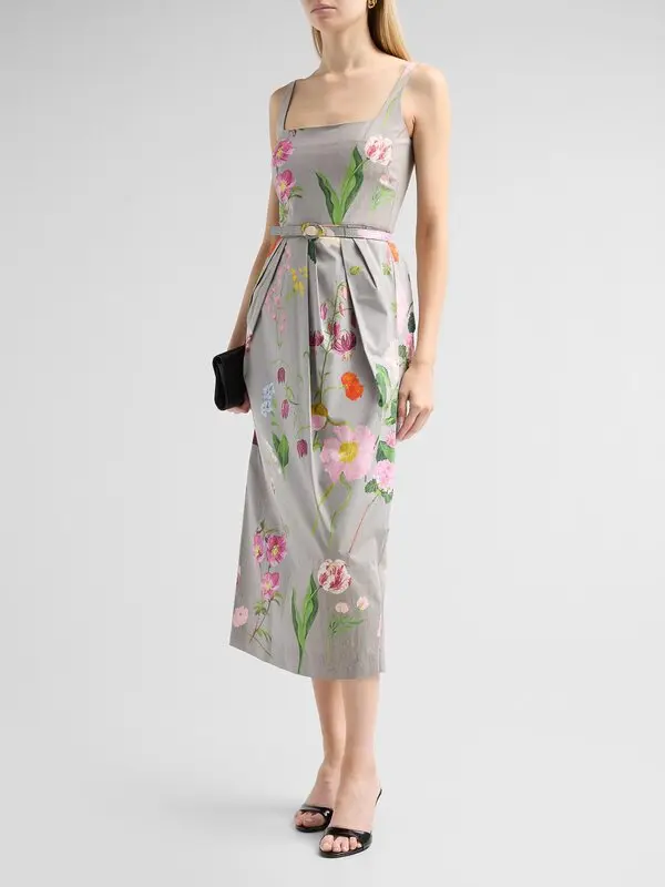 Oscar De La Renta Mixed Botanical Pleated Stretch-cotton Midi Dress