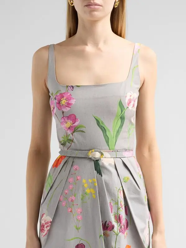Oscar De La Renta Mixed Botanical Pleated Stretch-cotton Midi Dress