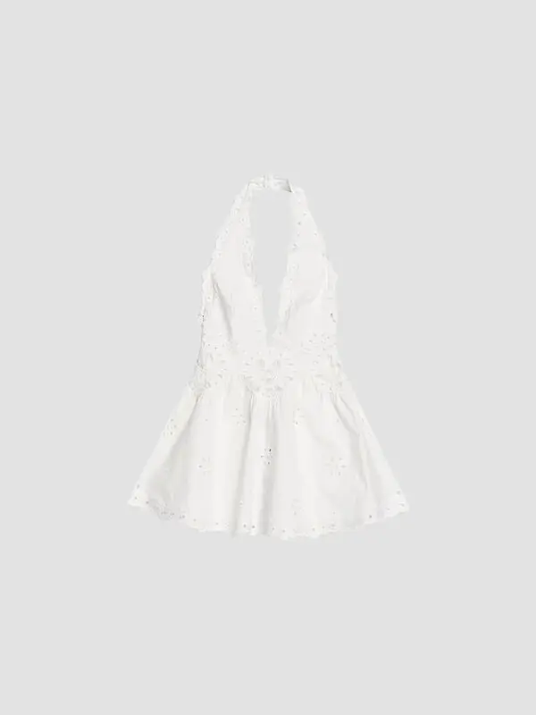 Retrofete Beranice Embroidered Eyelet Halter Mini Dress - Ivory