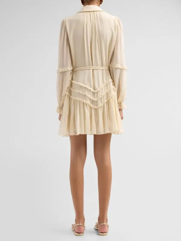 Ramy Brook Maya Ruffled Silk Long-sleeve Belted Mini Shirtdress - Bone