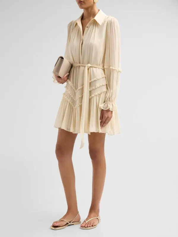 Ramy Brook Maya Ruffled Silk Long-sleeve Belted Mini Shirtdress - Bone