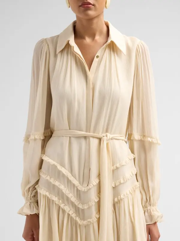Ramy Brook Maya Ruffled Silk Long-sleeve Belted Mini Shirtdress - Bone