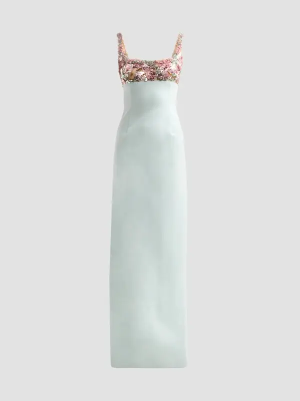 Oscar De La Renta Beaded Iris Embroidered Wool Gown - Soft Sage