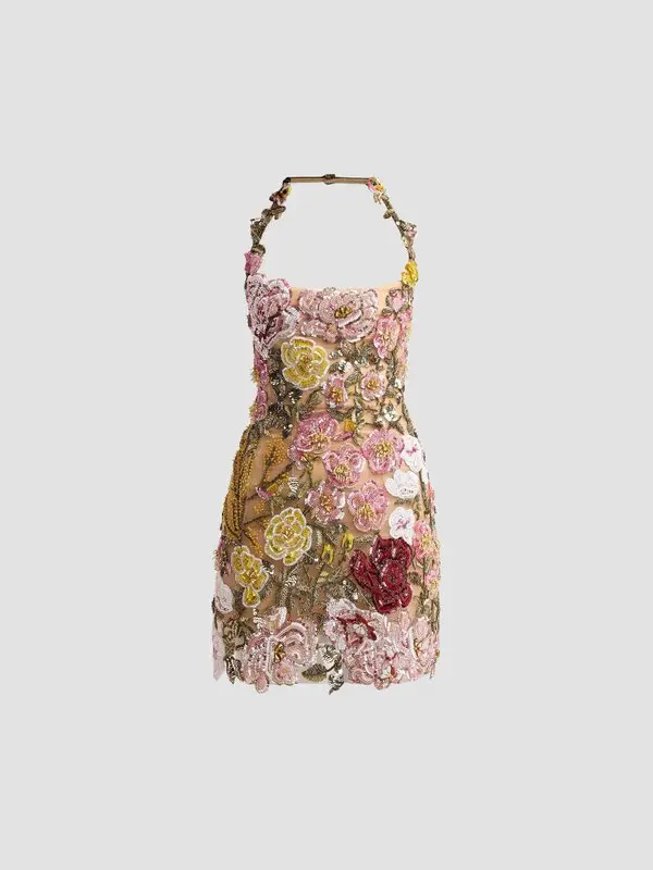 Oscar De La Renta Floral-embroidered Halter Cocktail Dress - Multi