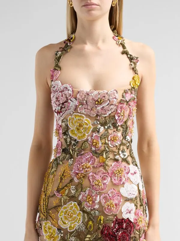 Oscar De La Renta Floral-embroidered Halter Cocktail Dress