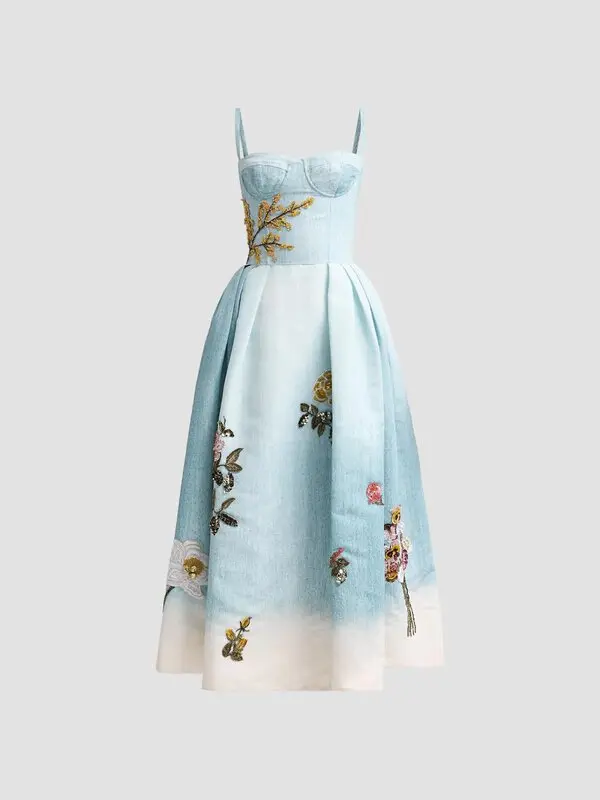 Oscar De La Renta Bustier Painted Beaded Floral Cocktail Dress