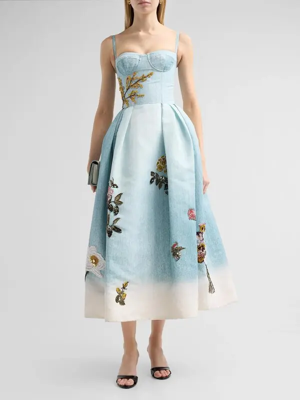 Oscar De La Renta Bustier Painted Beaded Floral Cocktail Dress