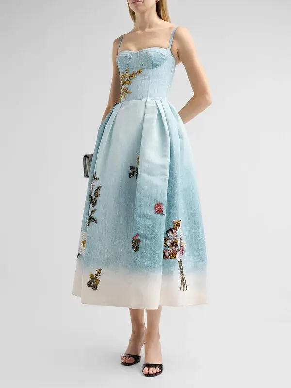 Oscar De La Renta Bustier Painted Beaded Floral Cocktail Dress