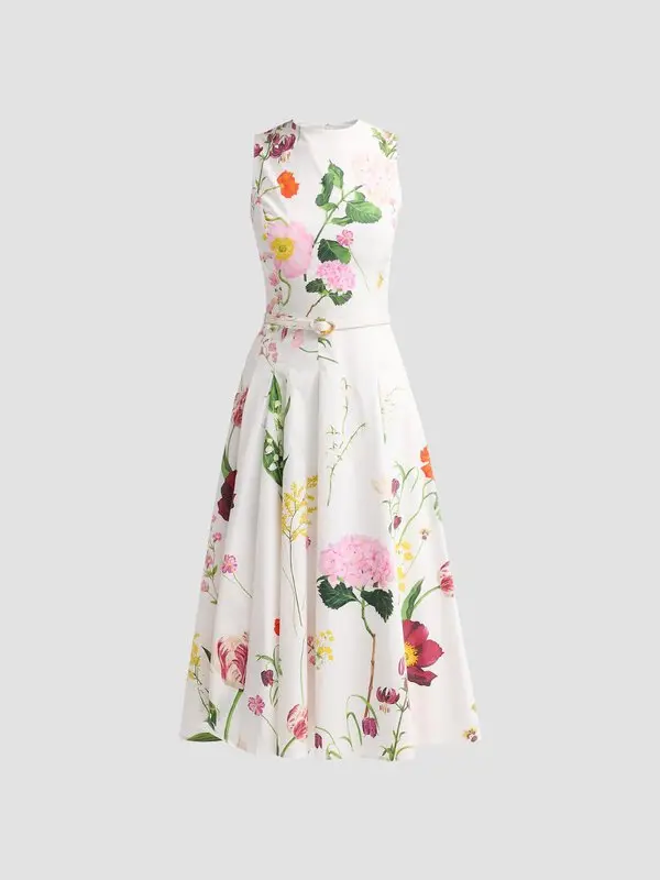 Oscar De La Renta Mixed Botanical Stretch Cotton Sleeveless Day Dress - White Multi