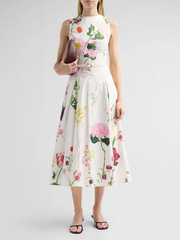 Oscar De La Renta Mixed Botanical Stretch Cotton Sleeveless Day Dress