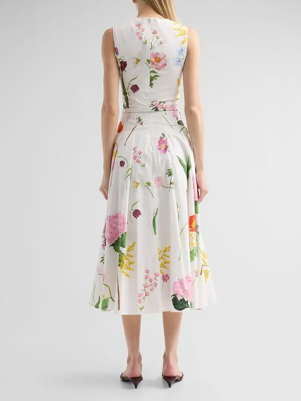 Oscar De La Renta Mixed Botanical Stretch Cotton Sleeveless Day Dress