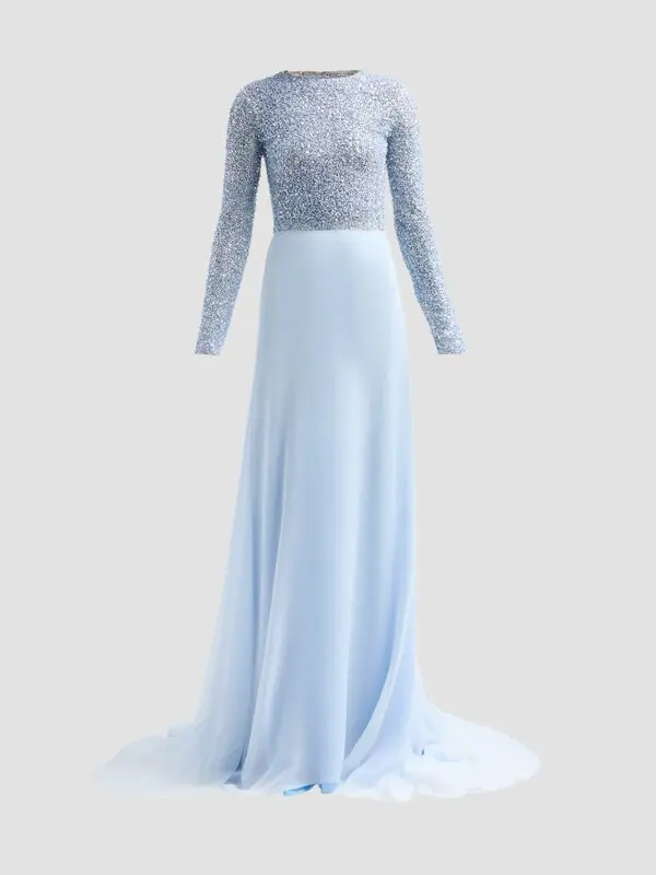 Oscar De La Renta Resort Beaded Bodice Chiffon Gown - Light Blue