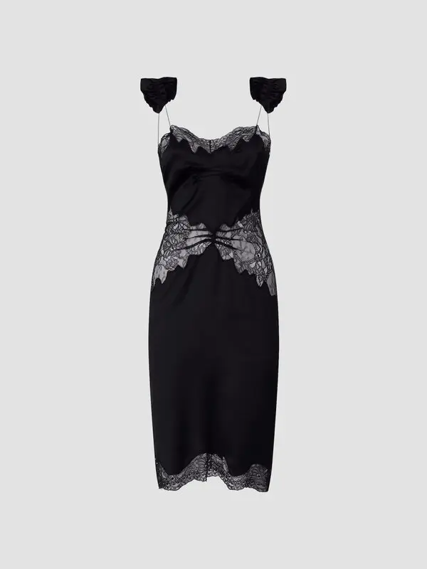 Attico Satin & Lace Midi Dress - Black