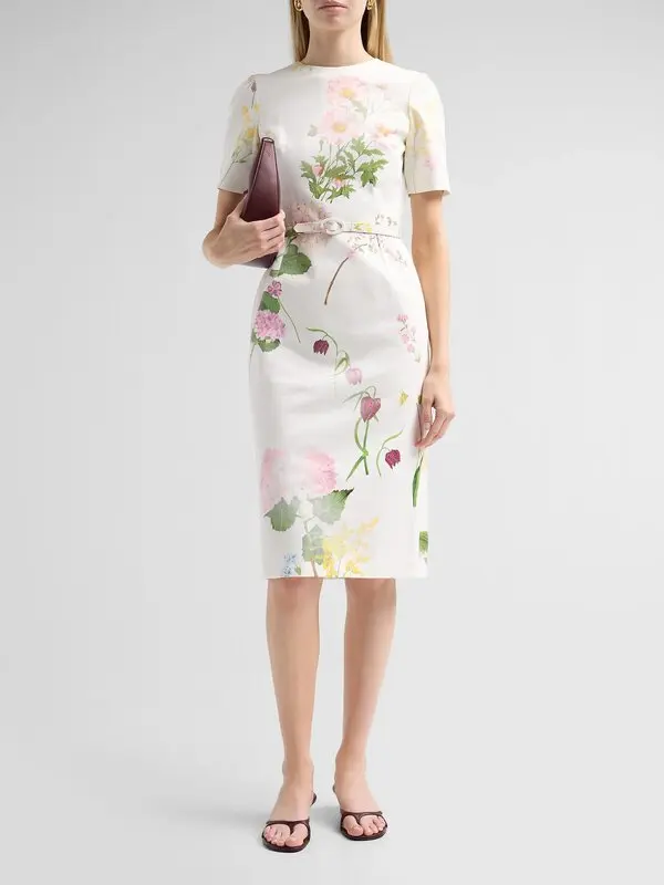 Oscar De La Renta Mixed Botanical Denim Dress