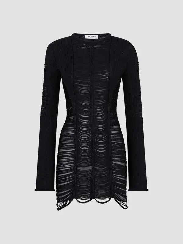 Attico Distressed Knit Mini Dress - Black