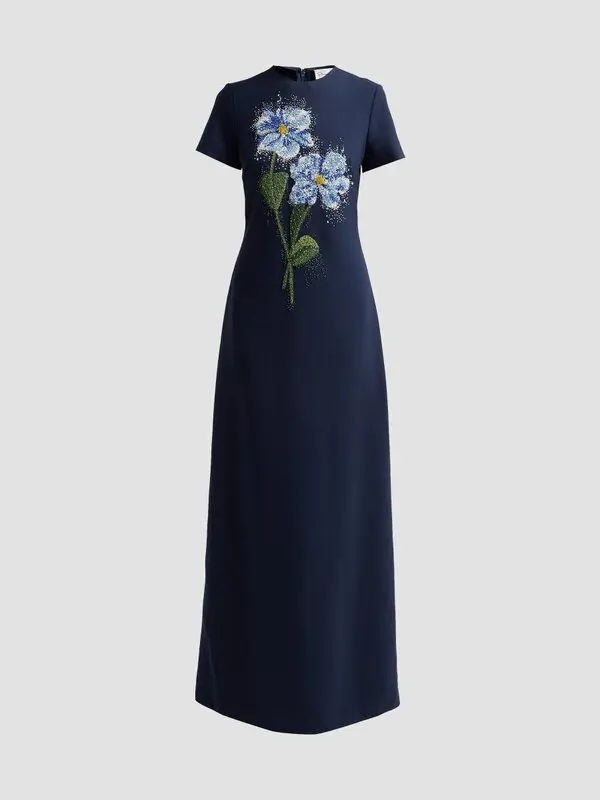 Oscar De La Renta Floral-beaded Wool-blend Gown - Navy