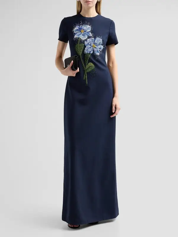 Oscar De La Renta Floral-beaded Wool-blend Gown