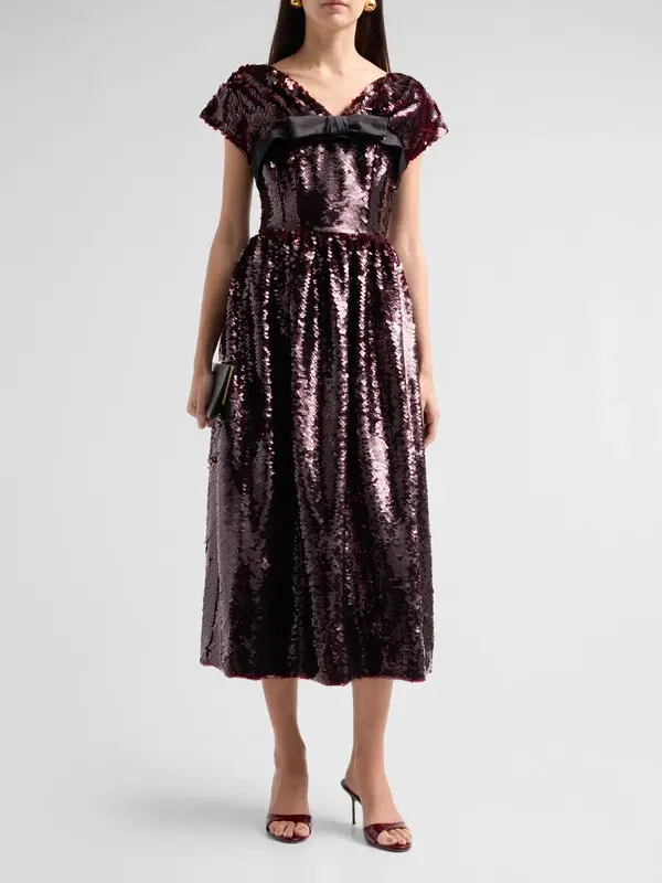 Simone Rocha Sequined Bow Cap-sleeve Midi Dress