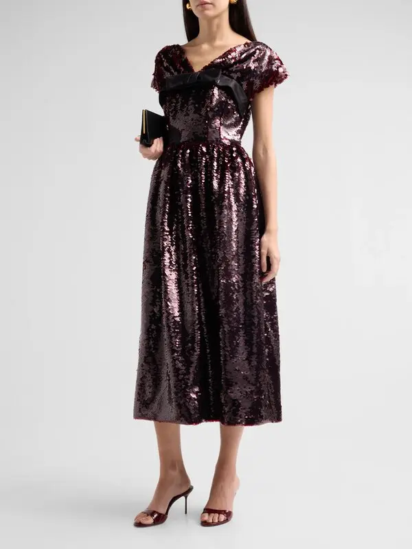 Simone Rocha Sequined Bow Cap-sleeve Midi Dress