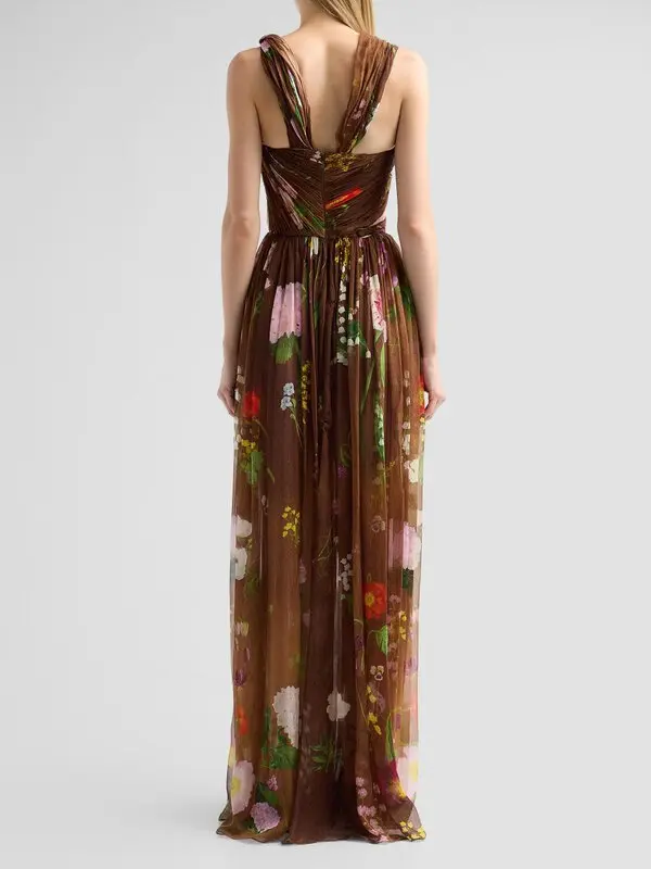 Oscar De La Renta Mixed Botanical Silk Chiffon Gown